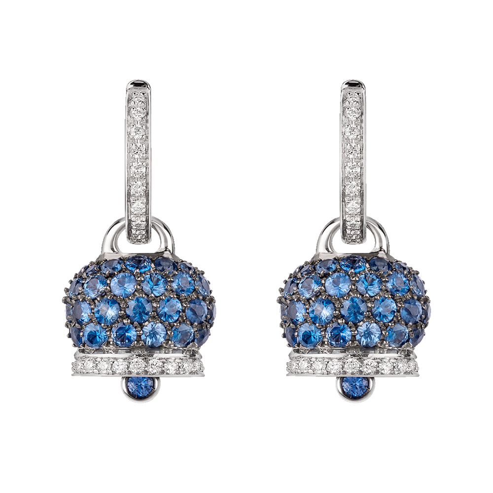 Orecchini Campanella medi in oro bianco brunito 18Kt, diamanti e pavé ...